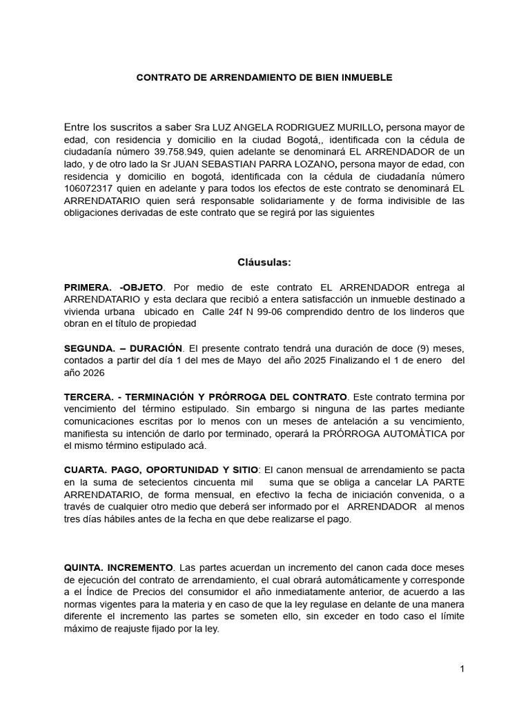 Contrato de Arrendamiento de Bien Inmueble | PDF