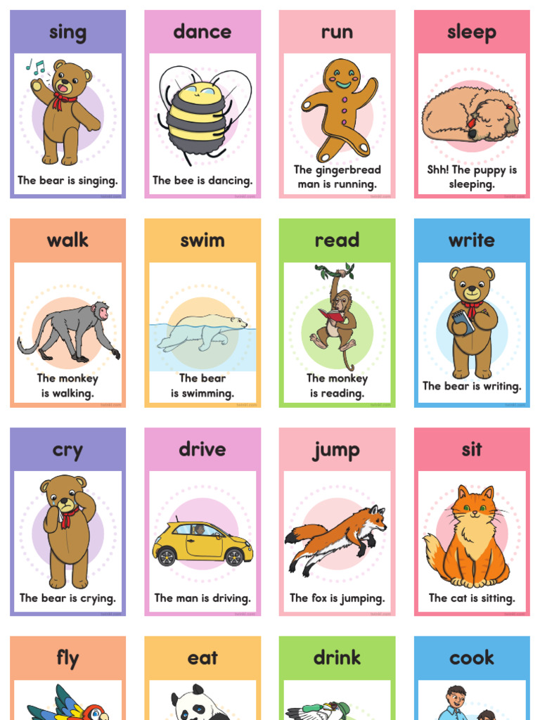 Color Basic Verb Cards For ELLs | PDF
