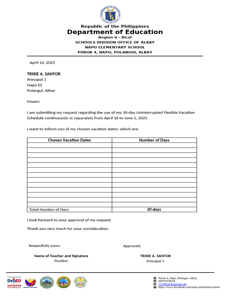 Request For A 30 Day Uninterrupted Flexible Vacation Schedule 1 | PDF