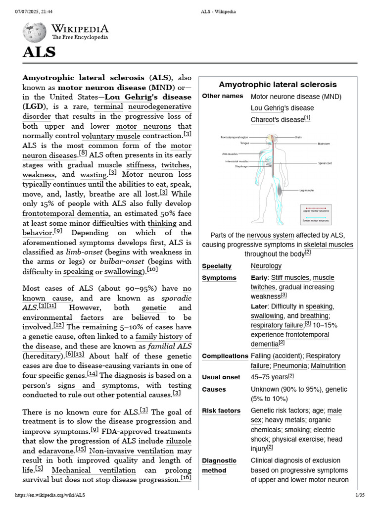 ALS - Wikipedia | PDF | Human Diseases And Disorders | Neurology