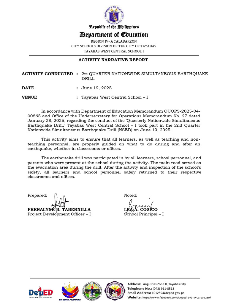 Narrative Accomplishment - Earthquake Drill | PDF