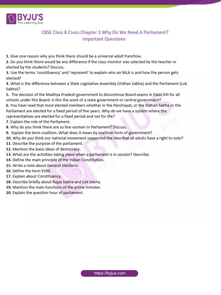 CBSE Class 8 Civics Chapter 3 Why Do We Need A Parliament Important ...