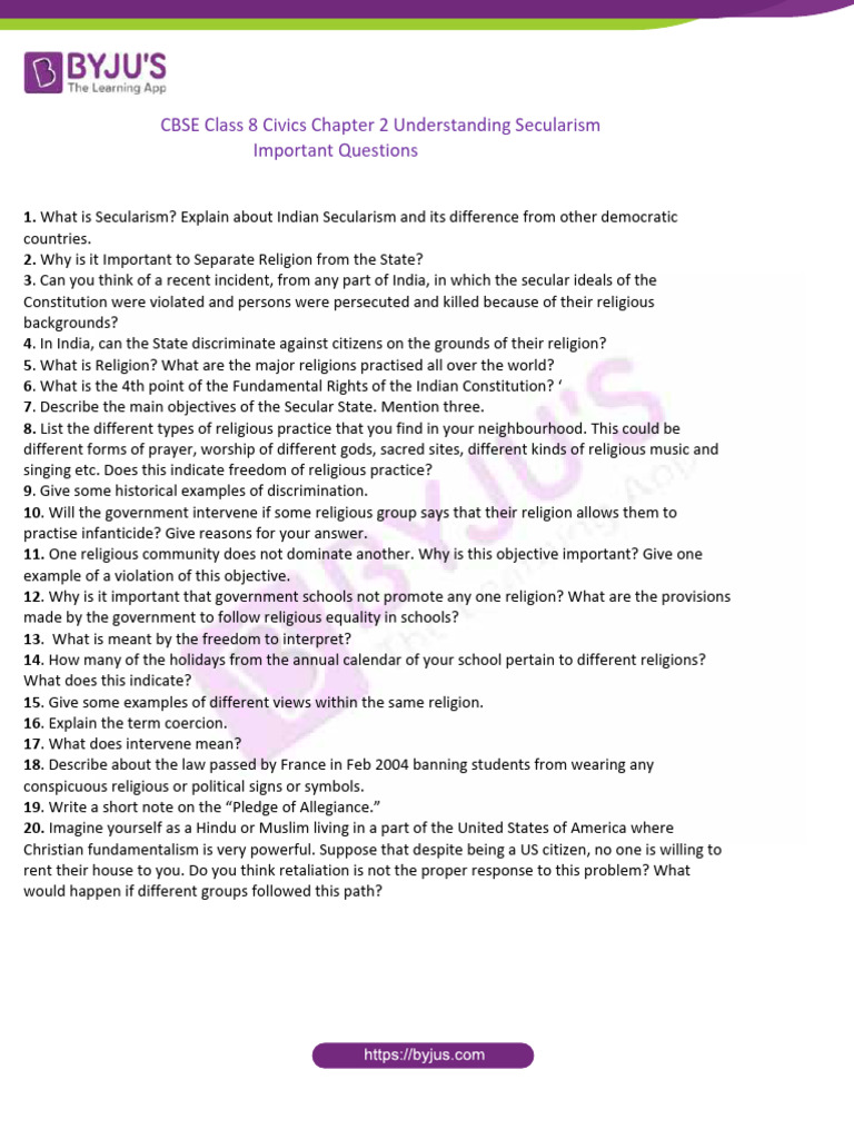 CBSE Class 8 Civics Chapter 2 Understanding Secularism Important Questions | PDF