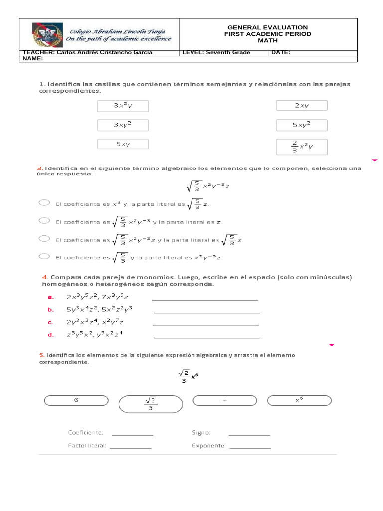 Evaluación Séptimo Matemáticas | PDF