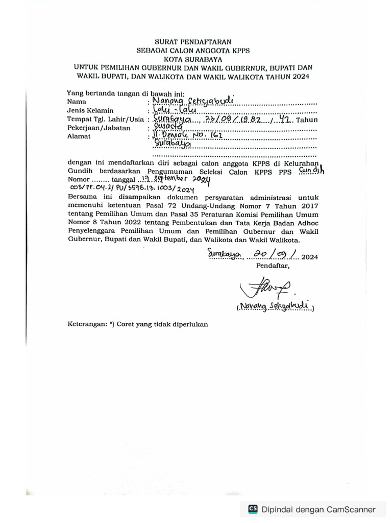 surat pendaftaran kpps pileg 2024 | PDF