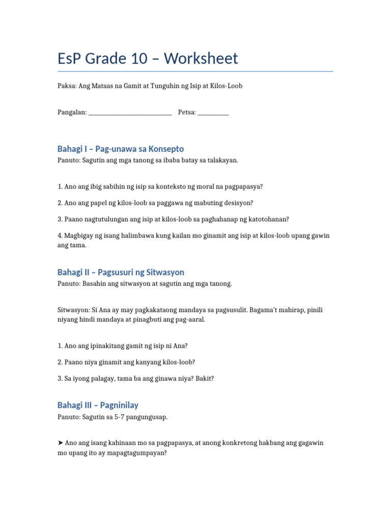 EsP Grade10 Worksheet Isip KilosLoob | PDF