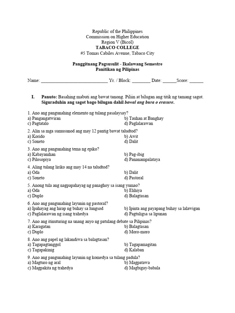 MIdterm Exam Panitikan MONDAY | PDF