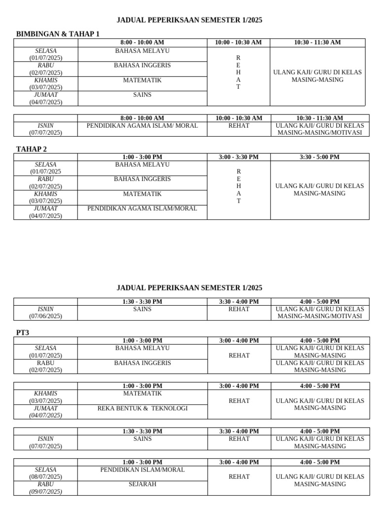 Jadual Exam 1-2025 | PDF