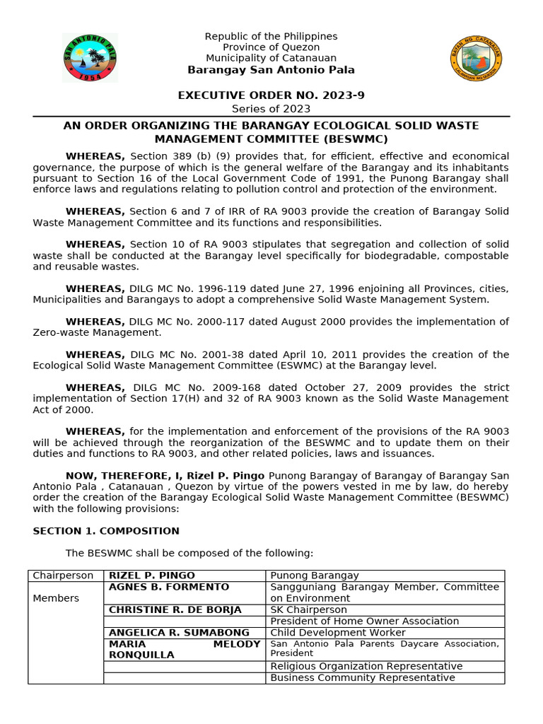 7reorganizing of Beswmc E.O No. 09-2023 | PDF | Waste Management | Waste