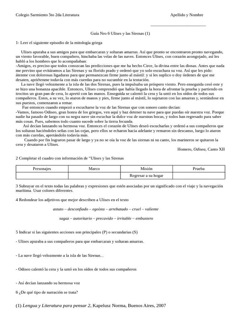 Guía Nro 6 Ulises y Las Sirenas | PDF | Sirena | Odiseo