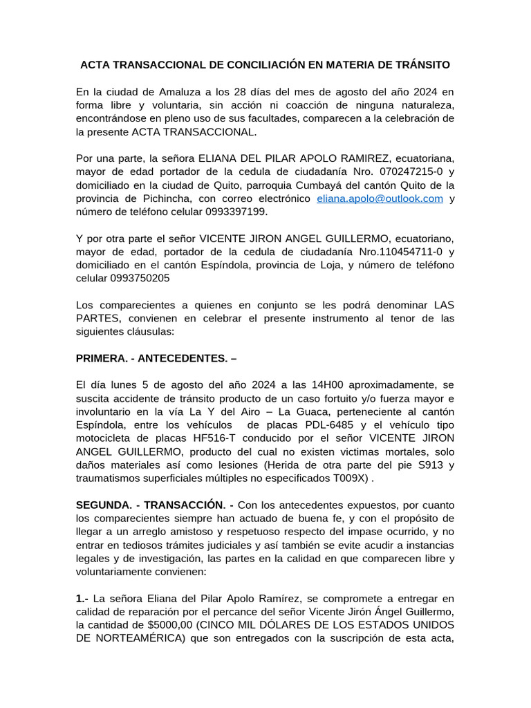 Acta Transaccional de Conciliacion en Materia de Transito 1 | PDF