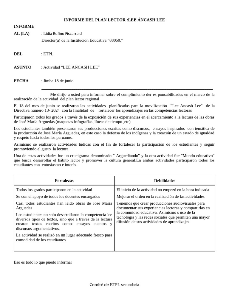 Informe Plan Lector | PDF | Aprendizaje