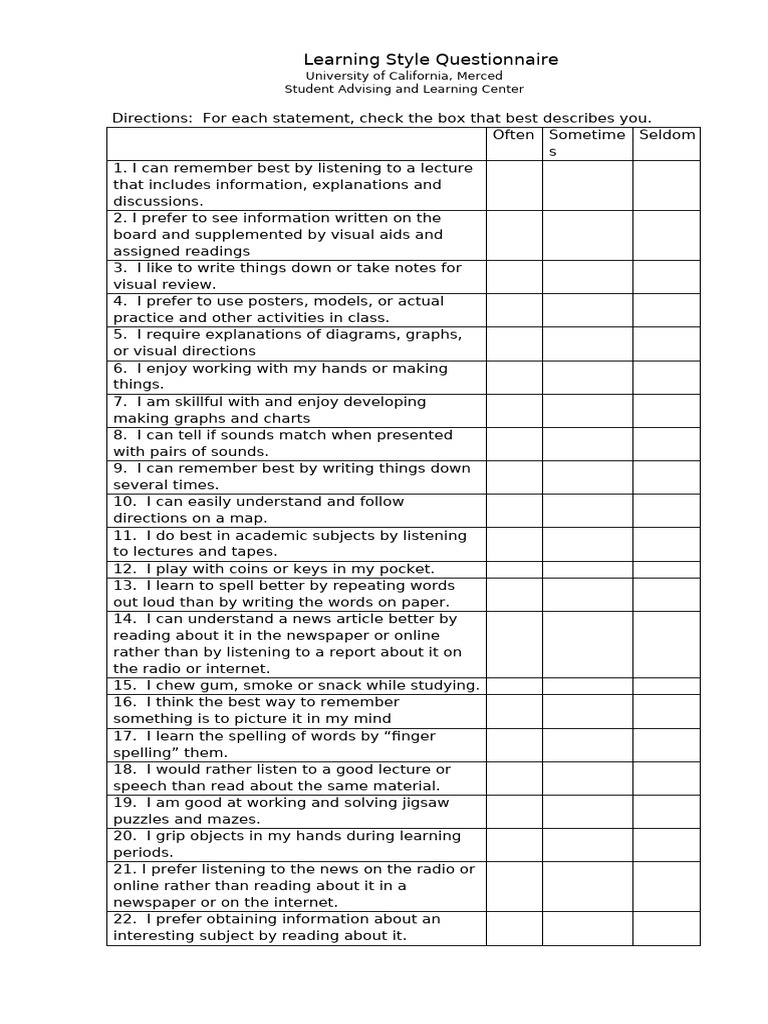 Learning Style Questionnaire for Students | PDF | Learning Styles ...