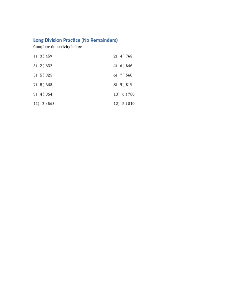 Long Division No Remainders Standard3 | PDF