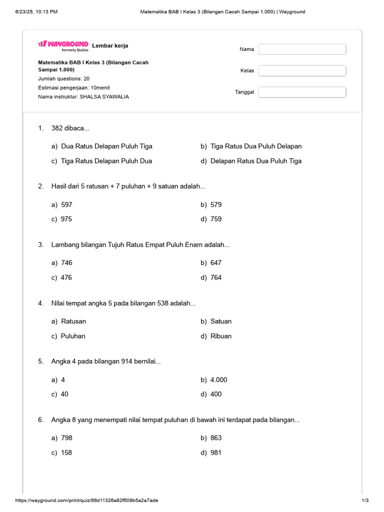 SD Kelas 3 MTK Bilangan Cacah Sampai 1.000 | PDF