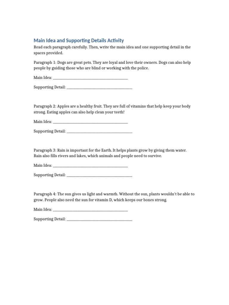 Main Idea and Supporting Details Exercise | PDF