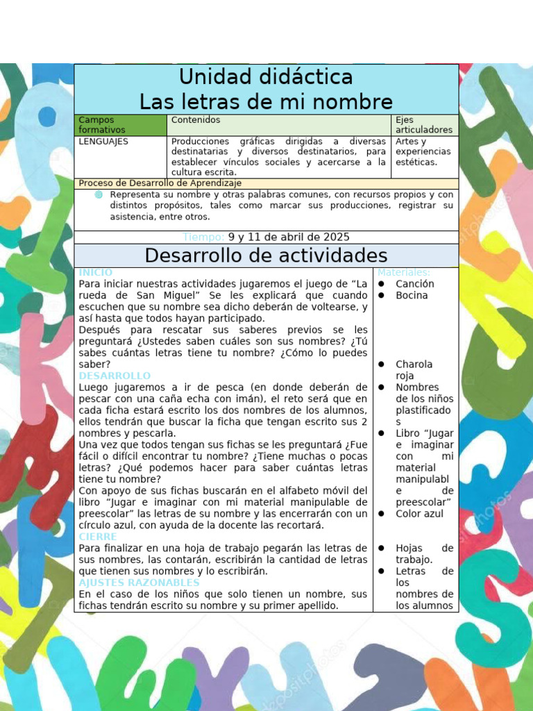 Actividades Didácticas con Nombres | PDF | Educación de la primera ...