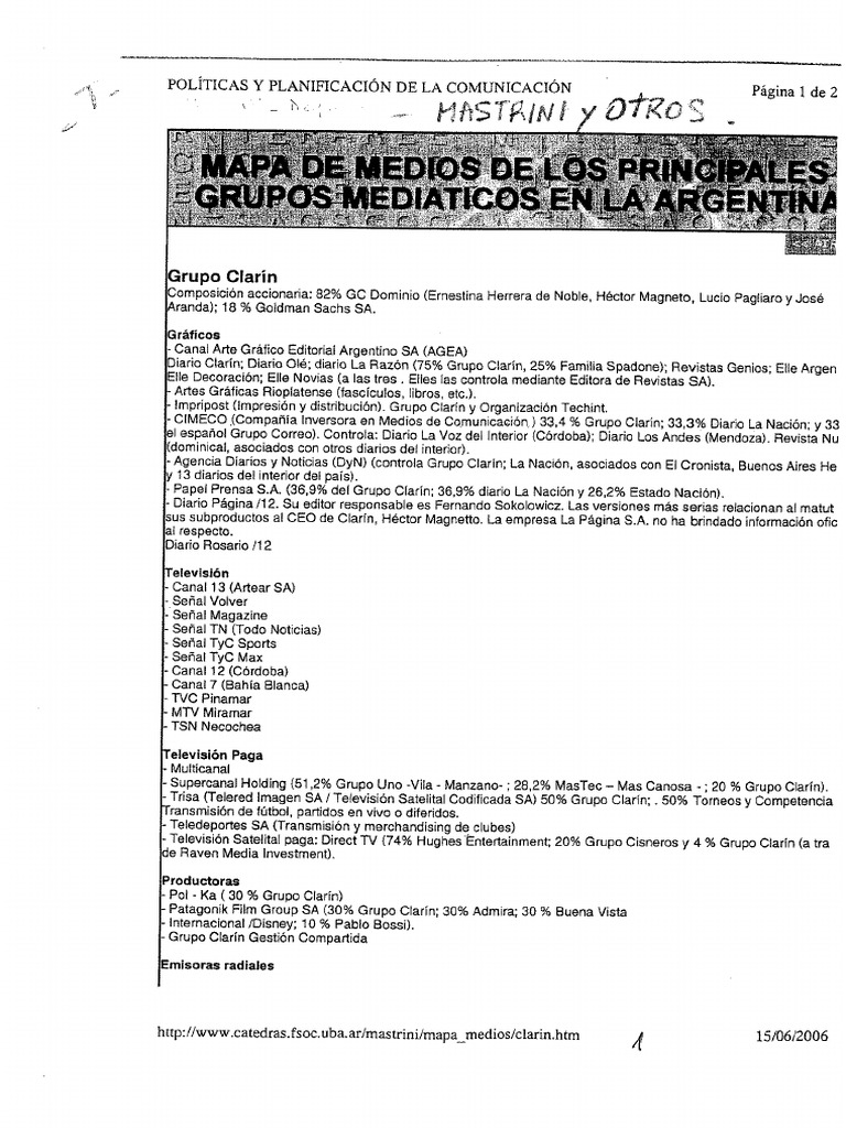 Mastrini y Otros - Mapa de Medios de Los Principales Grupos en Argentina | PDF
