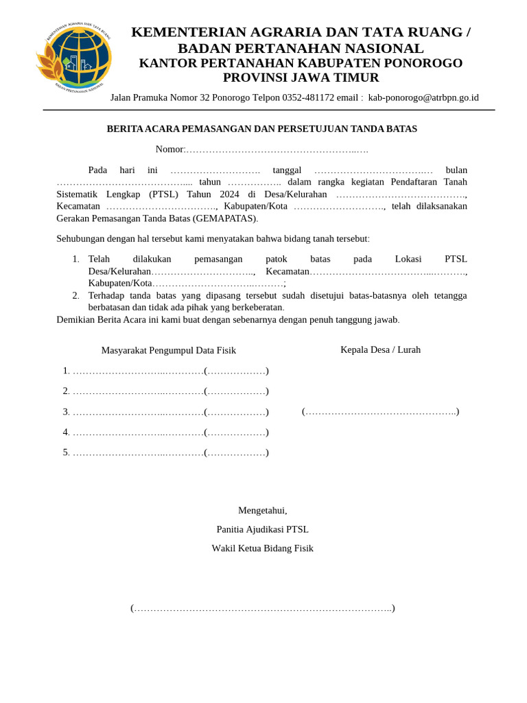 Berita Acara Pemasangan Tanda Batas PTSL | PDF