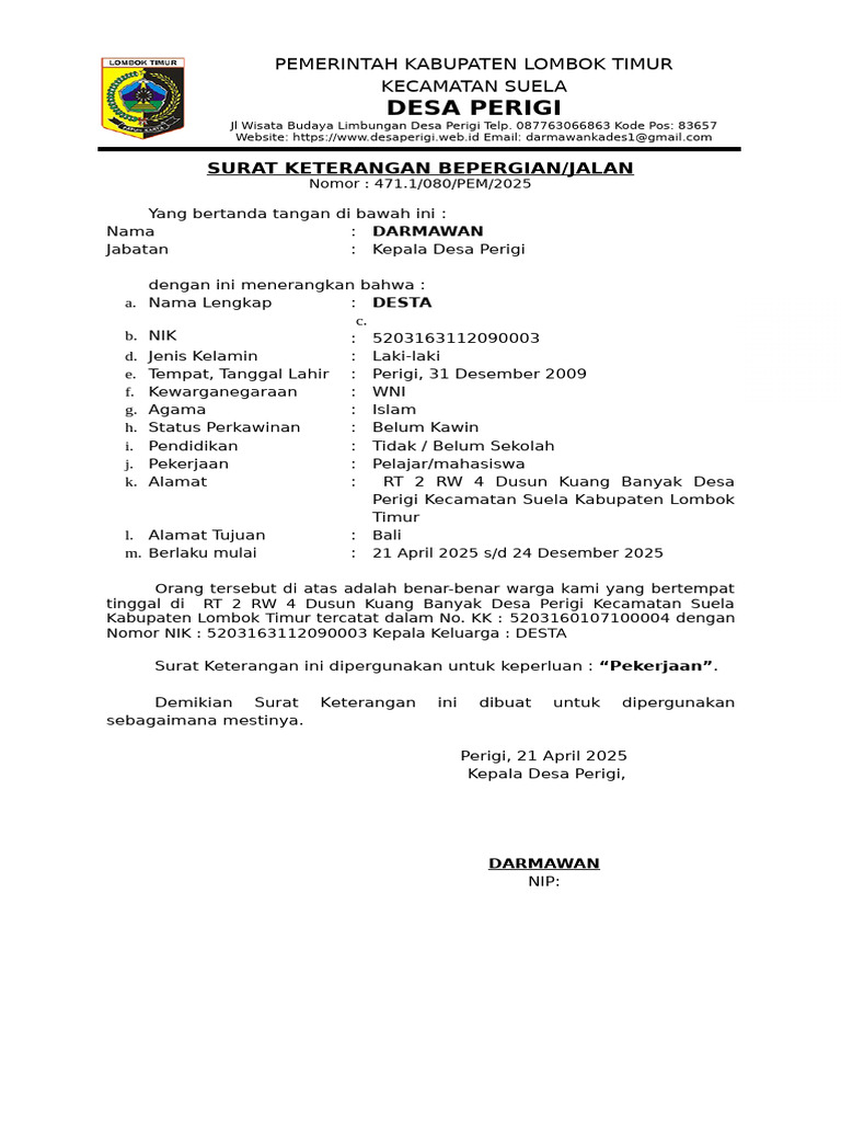Surat Keterangan Bepergian Desa Perigi | PDF