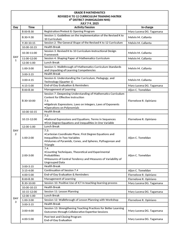Grade 8 Math Curriculum Training Schedule | PDF | Equations | Mathematics
