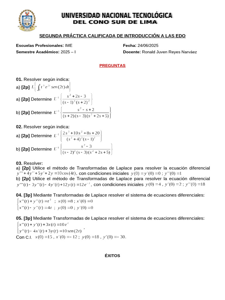 Segunda Práctica Calificada de Introducción A Las Edo: IME 24/06/2025 2025 - I Ronald Juven ...