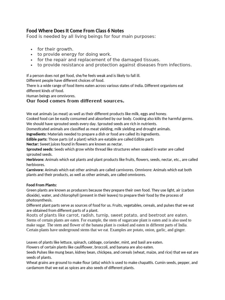 Food Sources and Types for Class 6 | PDF | Foods | Malnutrition