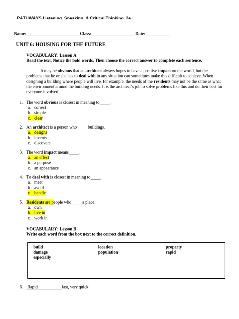Pathways Ls1 2e U6 Test 1 | PDF