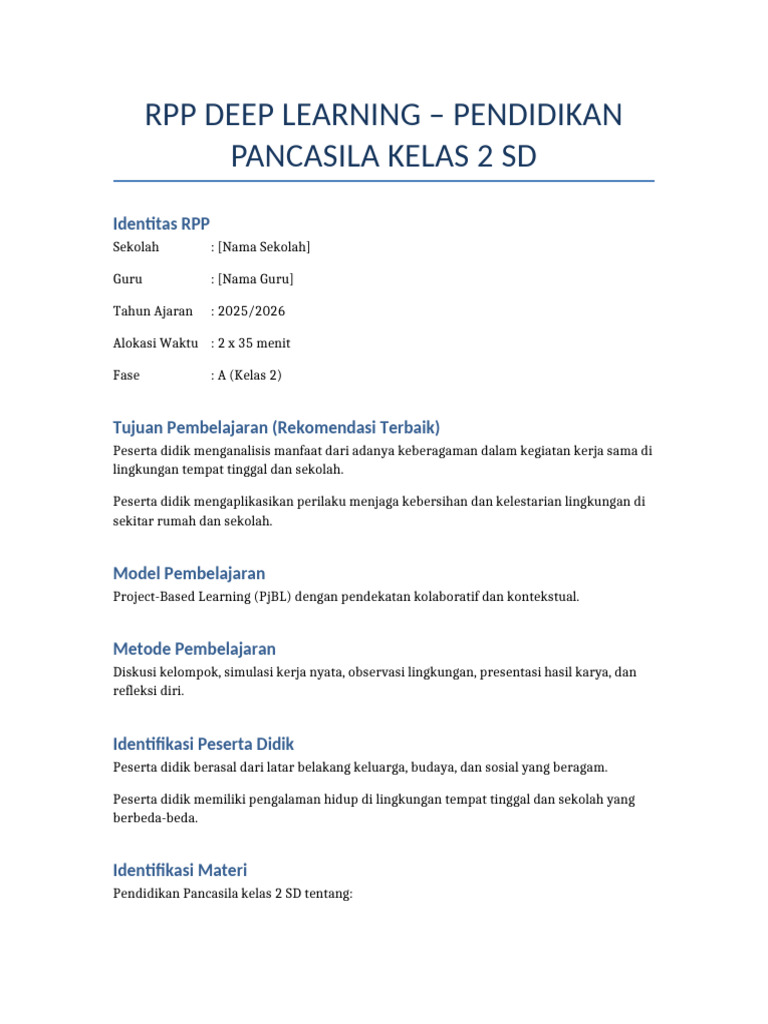 RPP Deep Learning PPKN Kelas 2 SD | PDF