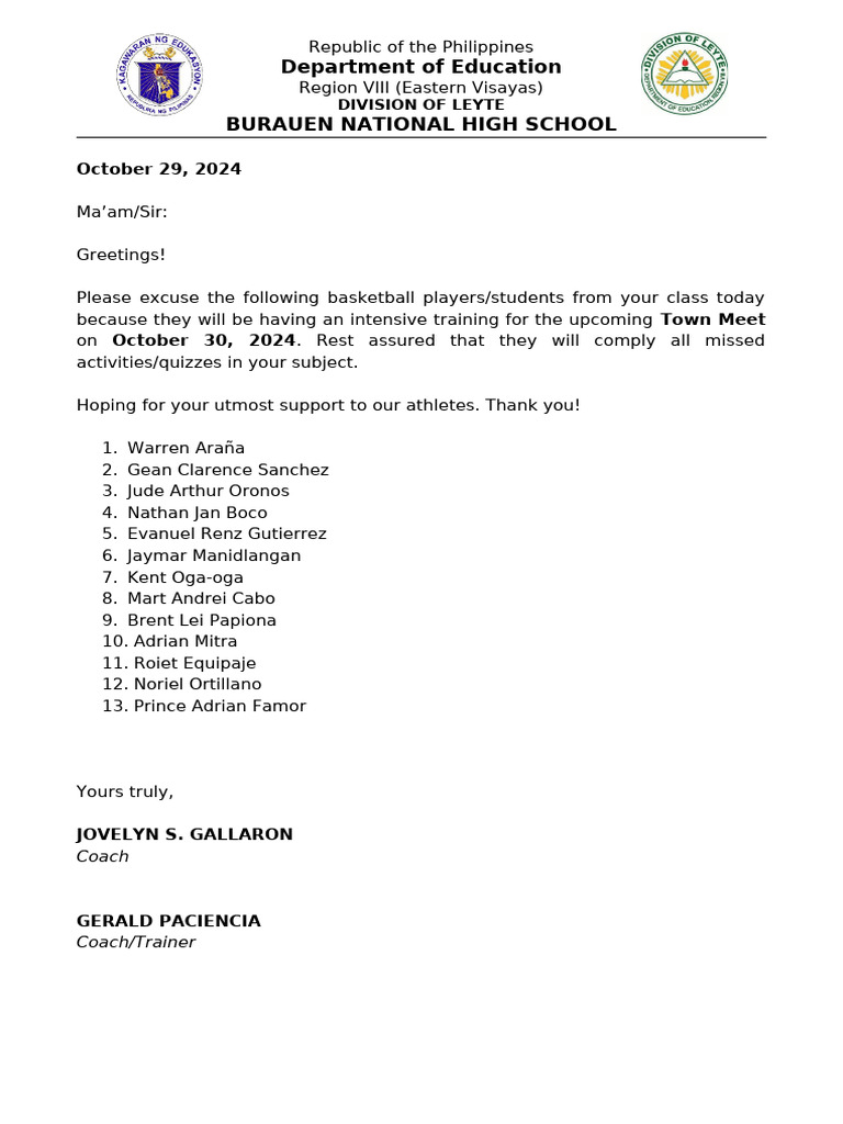 Athletes Excuse Letter | PDF