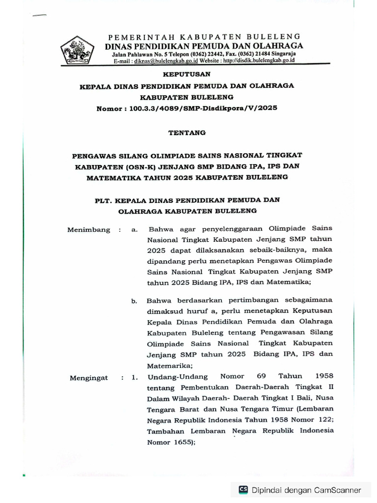 SK Kepala Dinas Pengawas Silang OSN | PDF