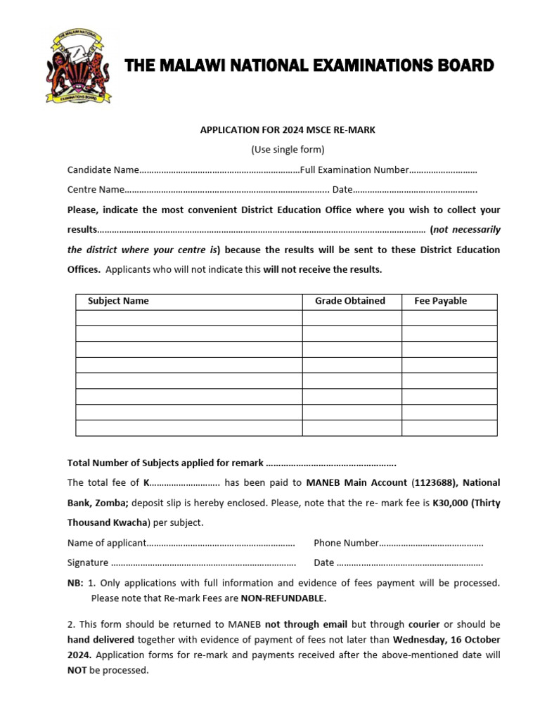 2024 Remark Form - Msce | PDF