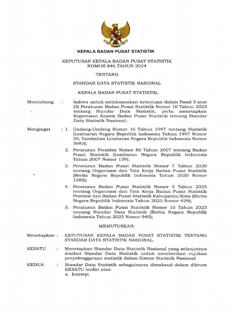 Kepka BPS No. 846 Tahun 2024 Standar Data Statistik Nasional | PDF