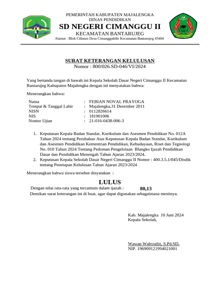 Surat Keterangan Kelulusan SD 2024 | PDF