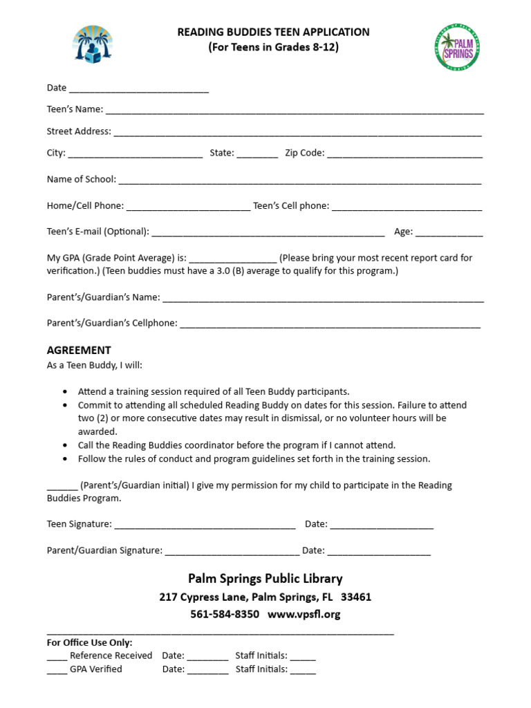 Teen Application for Reading Buddies Program | PDF