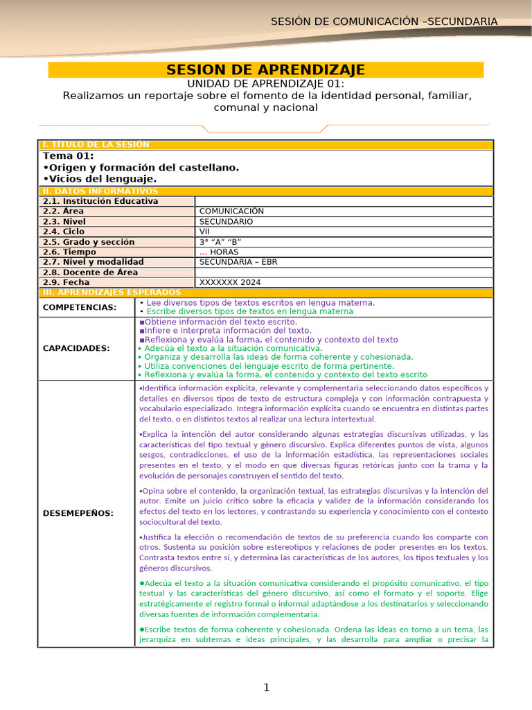 3° Sesion Actv 01 - Vicios Del Leng | PDF | Lengua española | Aprendizaje