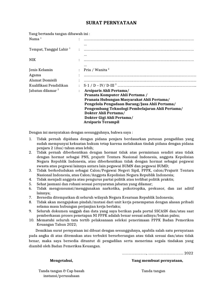 Format Berkas No.a.5 Surat Pernyataan BPK PPPK 2022 | PDF