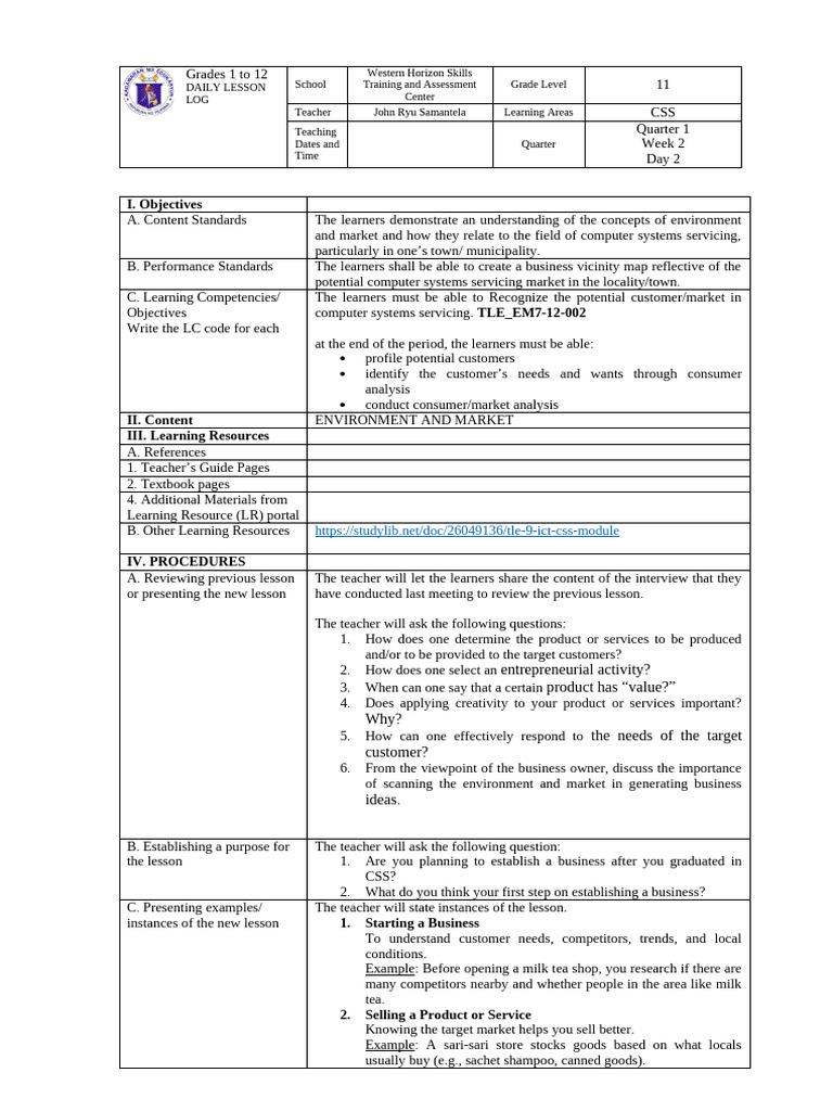 Detailed Lesson Quarter Plan Week Two Day Two | PDF | Sales | Learning