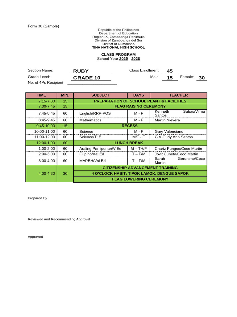 3 FORM 30 Class Program Sample | PDF