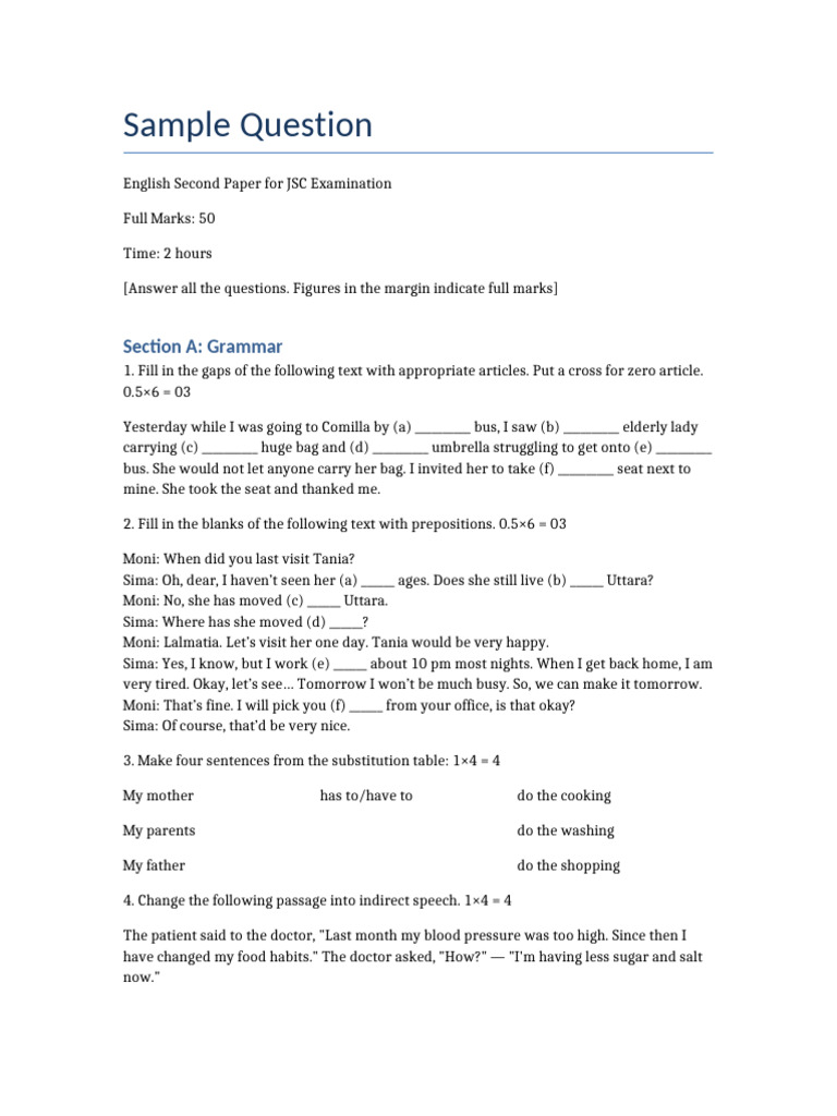 JSC English 2nd Paper Sample Questions | PDF | Linguistic Typology ...