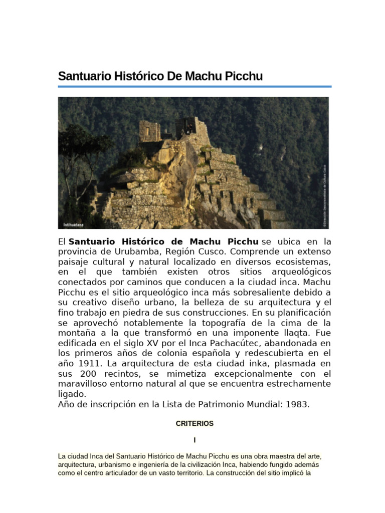 FICHA DE LECTURA-Santuario Histórico de Machu Picchu | PDF | Machu ...