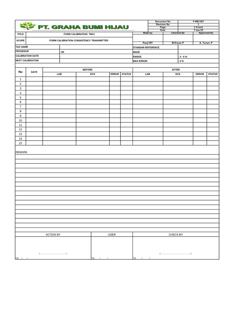 F-MEI-007 Form Calibration Consistency Transmitter PM#1 | PDF