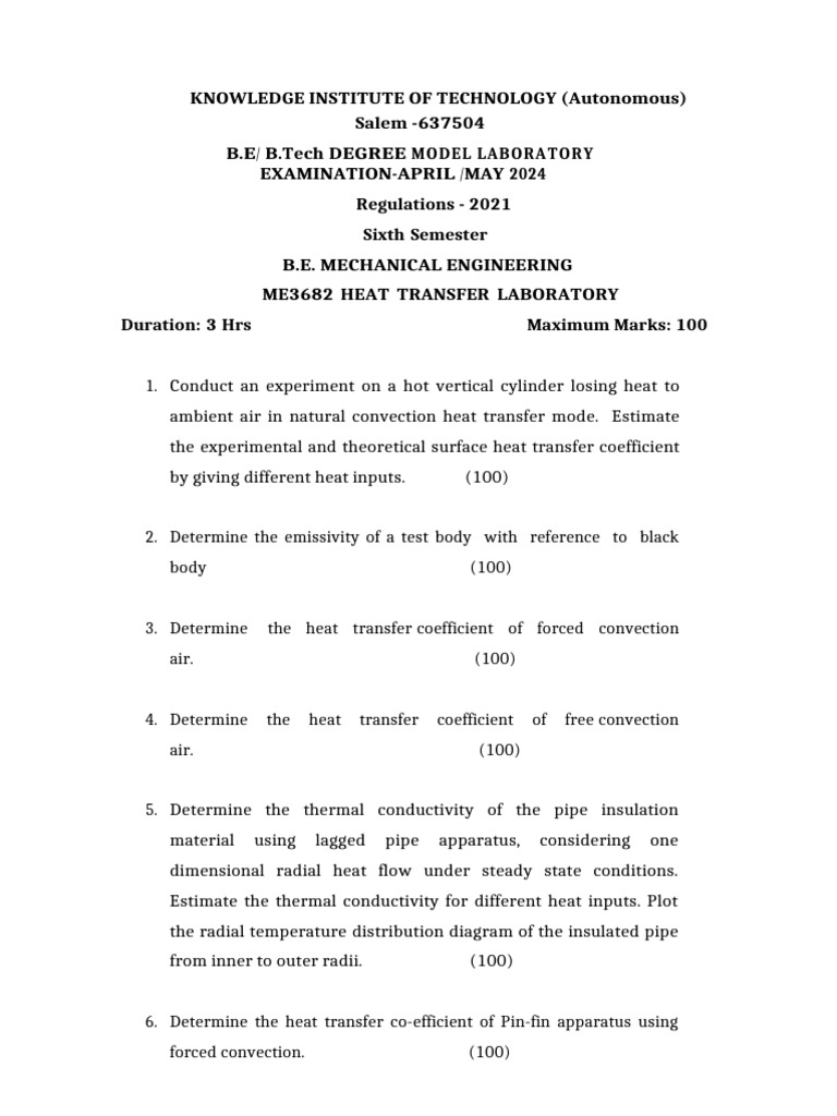 Heat Transfer Laboratory Exam 2024 | PDF | Heat Transfer | Heat
