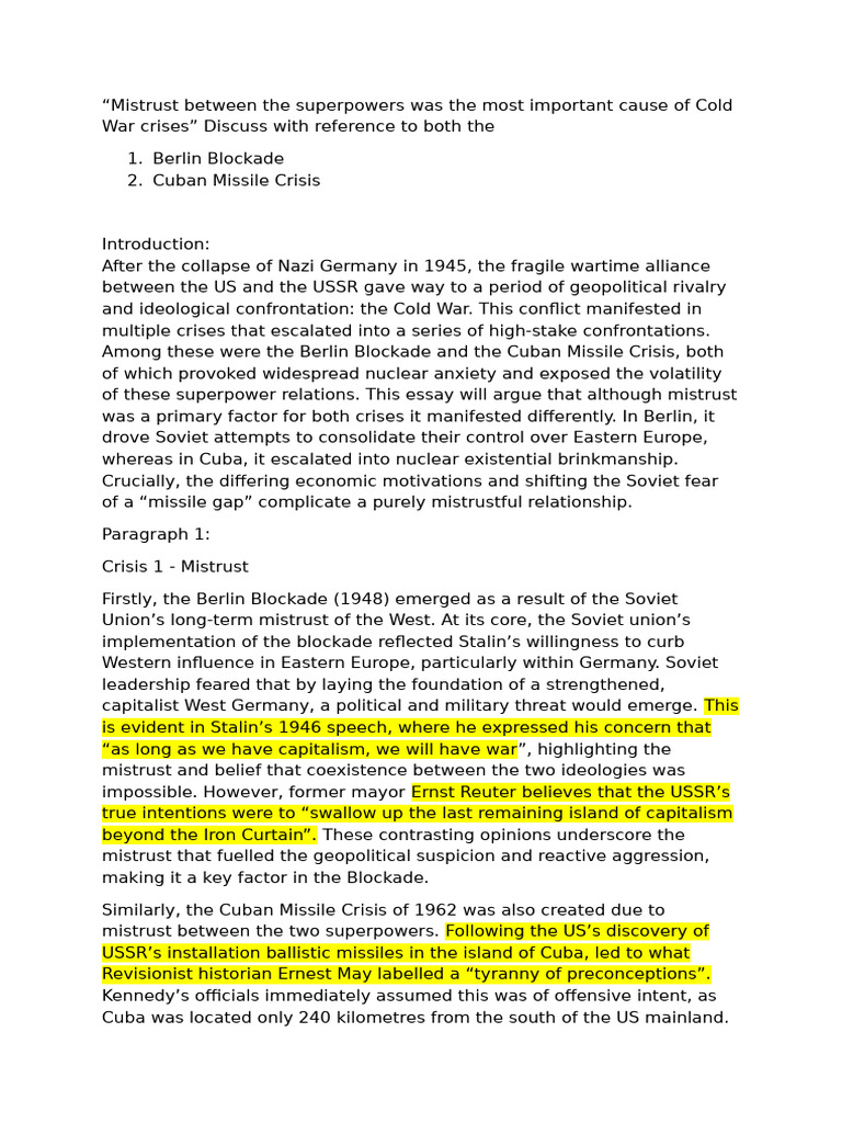 Mistrust - History Essay Paper 2 | PDF | Cuban Missile Crisis | Soviet ...