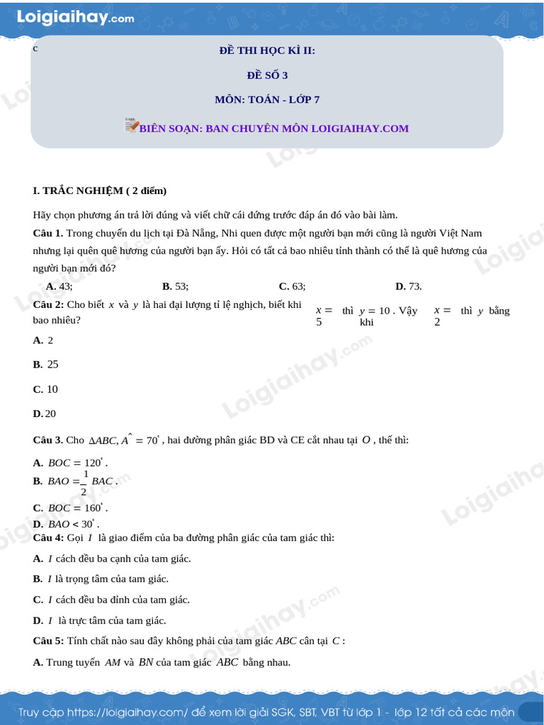 De Kiem Tra Hoc Ki 2 Toan 7 de So 3 Chan Troi Sang Tao 1680334652 | PDF