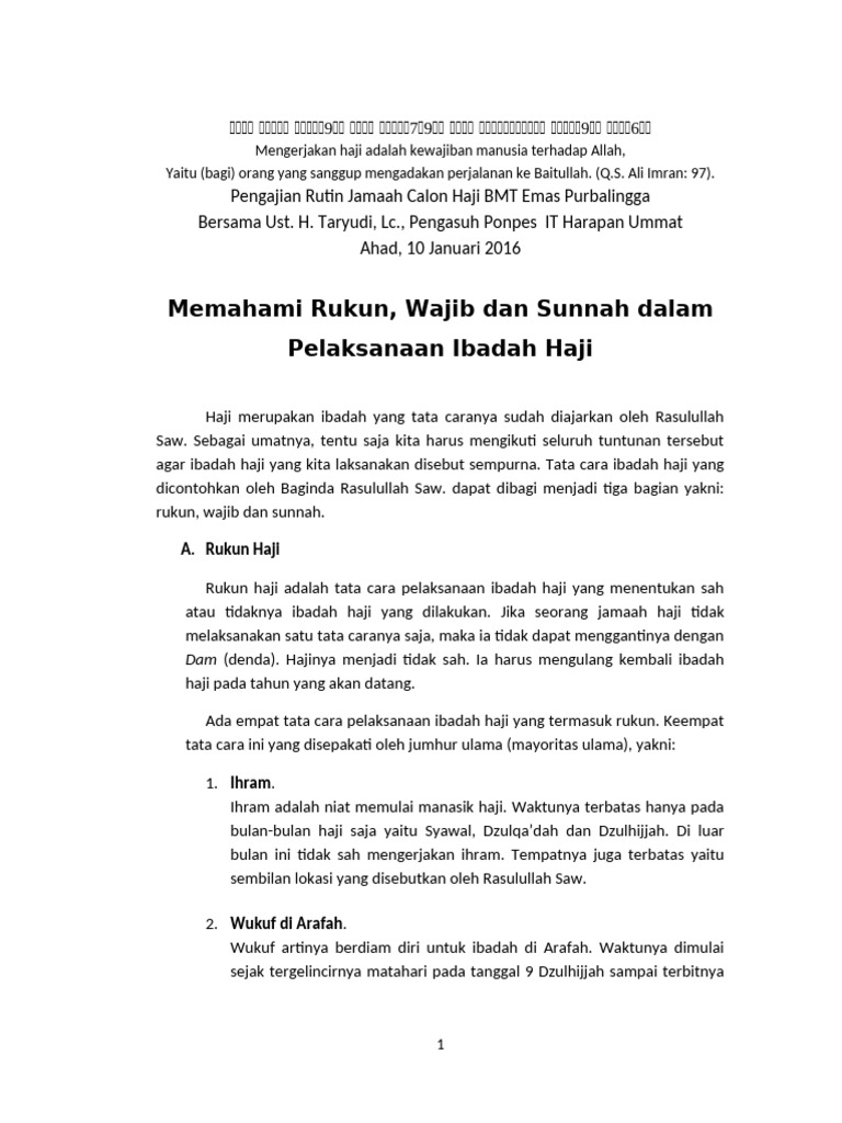 Rukun, Wajib, dan Sunnah Haji | PDF