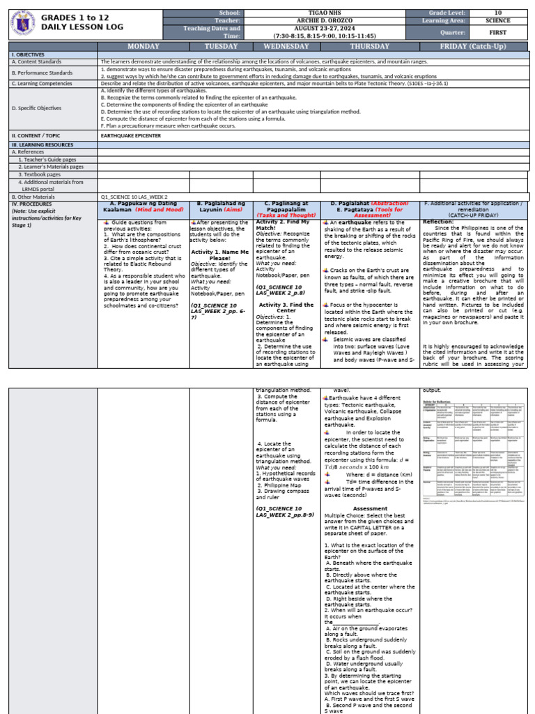 Q1 - Science 10 - W2 - Dll.-Do.-42-Matatag | PDF | Earthquakes | Seismology
