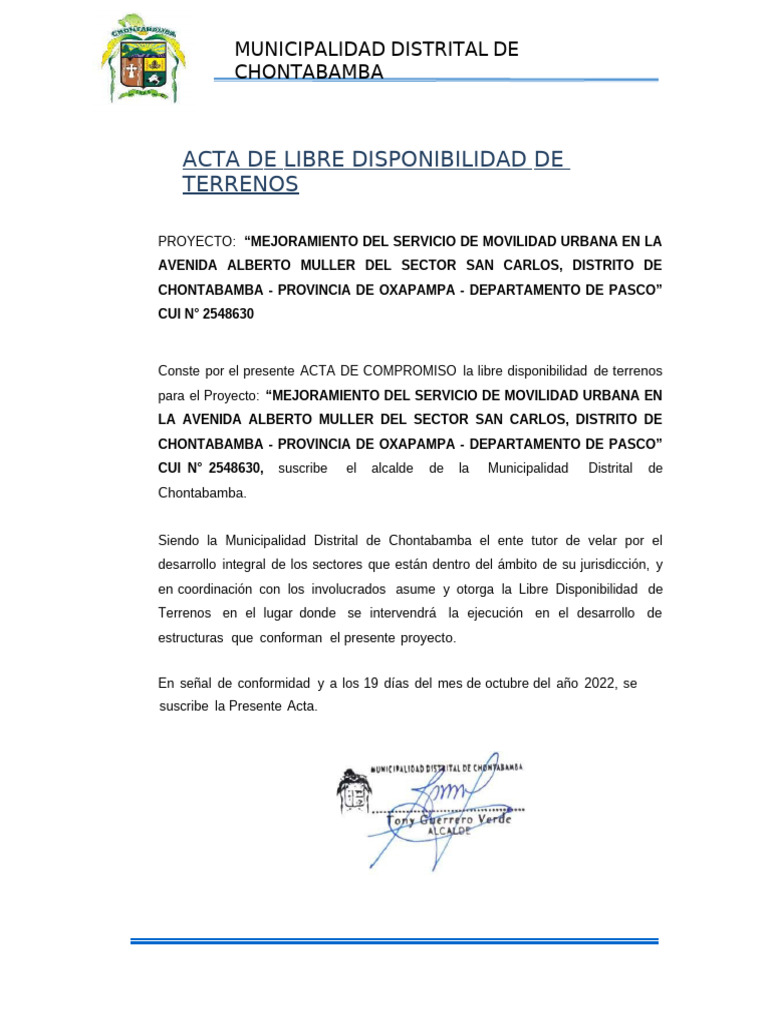 Acta de Libre Disponibilidad de Terrenos | PDF