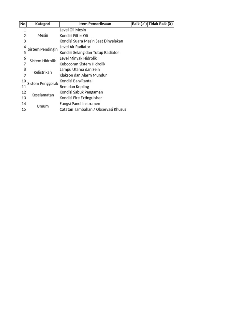 Checklist Harian Alat Berat | PDF