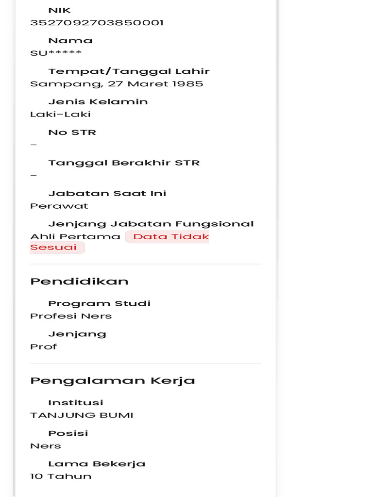 Cek Data Sisdmk Perawat NIK 3527092703850001 | PDF